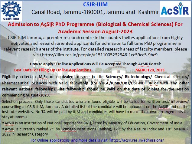 Admission to AcSIR PhD Programme (Biological & Chemical Sciences) For Academic Session August ...